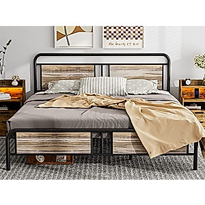 IKIFLY King Bed Frame with Industrial Wood Headboard/Footboard, Heavy Duty Metal Slats Support, Under-Bed Storage, No Box Spring Needed - Wood Brown