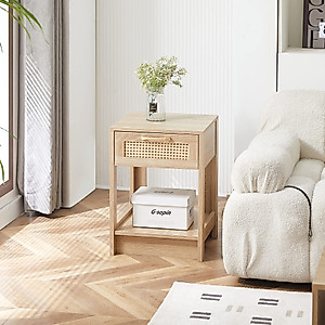 Meihua Rattan Nightstand, Boho Side Table with Handmade Rattan Decorated Drawer, Modern End Table for Bedroom, Living Room.