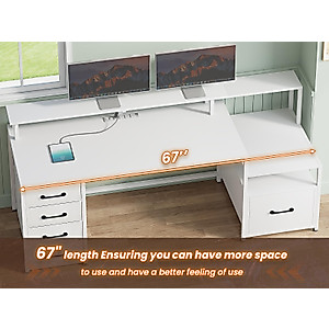 SEDETA White Computer Desk with 5 Drawer & Power Outlet, 66'' Home Office Desk with File Drawer, Storage Shelves, Printer Cabinet and Monitor Shelf, Gaming Desk with Led Lights