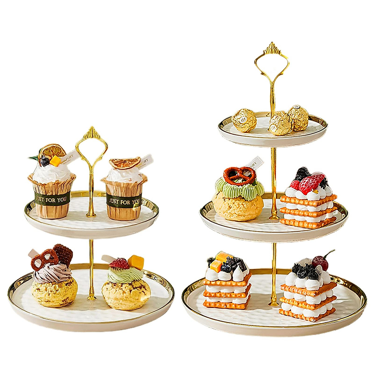 CofeLife Set of 2 Porcelain Cupcake Stand Ceramic Dessert Stand Tiered Serving Trays with Gold Rod, 3 Tiers and 2 Tiers Cake Stand Party Serving Trays Fruit Pastry Holders for Wedding and Party
