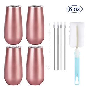 4 Pack Stemless Double Insulated Champagne Flute Tumbler with Lid, 6 Oz Unbreakable Reusable Cocktail Champagne Toasting Glasses, Great Gift for Friends Family Christmas Birthday, Rose Gold