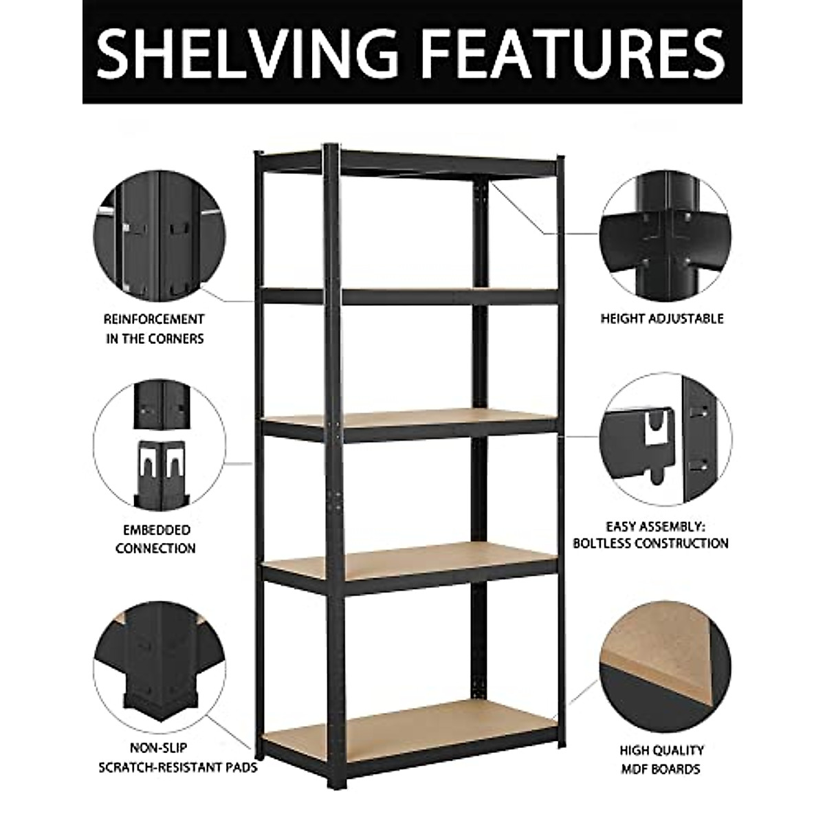JAOSY Garage Storage Shelves Heavy Duty, Adjustable Shelves 30" Lx12''Wx66 H Shelving Unit with 5-Shelf, Racking Shelf Heavy Duty Garage Shelving Storage Shelves Black Metal Shelf