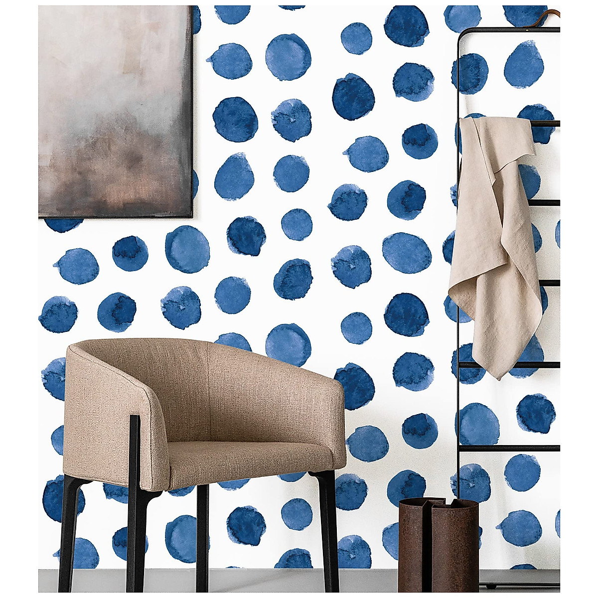 HAOKHOME Boho Peel and Stick Wallpaper Watercolor Brush Strokes Dots Removable Indigo Blue/White Vinyl Self Adhesive Contactpaper 17.7in x 9.8ft