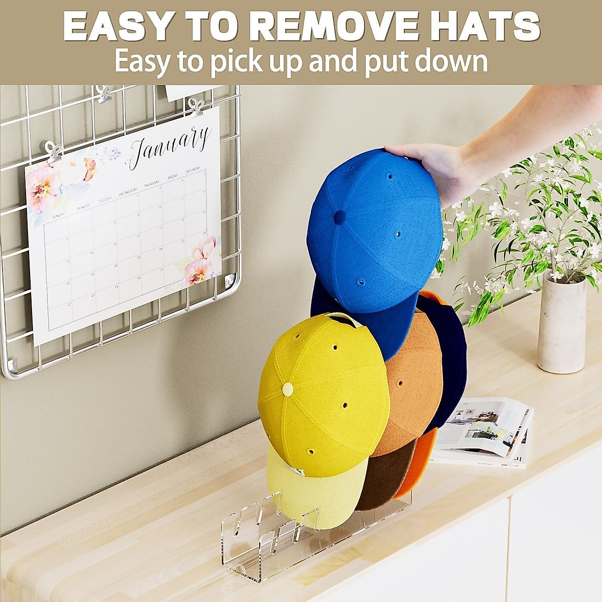 QKEWURO 2024 New Hat Stand for Baseball Caps Display and Organizer , No Install Acrylic Hat Holder for 14 Baseball Caps for Bedroom, Closet, Dresser (2PCS)