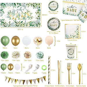 Sage Green Baby Shower Decoration for Girl Boy Kit,239 PCS YHFNDIYS Boho Greency Neutral Party Supplies (20 Guest) with Paper Plates Cups Napkins Straws Oh Baby Tablecloth Backdrop Balloons Arch Kit