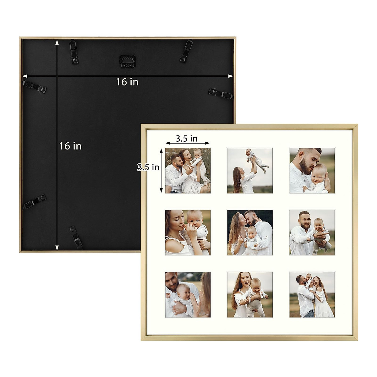 Golden State Art, 4x4 Aluminum Collage Frame, Displays 4 x 4 Pictures With 9 Openings Mat or One 16x16 Photo, Real Glass, Wall Display, Gold, 1 Pack