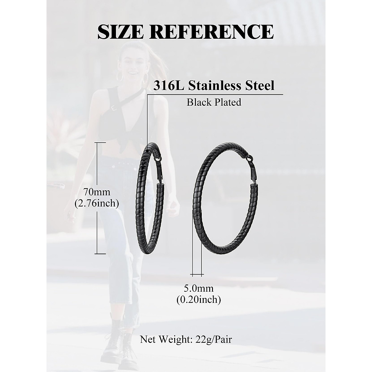 Black Earrings for Women Large Hoop Sensitive Ears Lightweight Chunky Hoops Everyday Jewelry 70mm