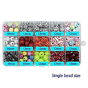 15 Styles Sports Beads Football Baseball Basketball Tennis Volleyball Soccer with 1 Roll of Elastic Rope and a Plastic Box for DIY Bracelet Necklace Making