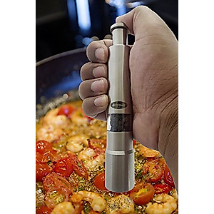 Avryware Stainless Steel Refillable Spice Grinder Mill For Salt, Pepper, and Seasoning - Thumb Operated Push Button For One Hand Grinding