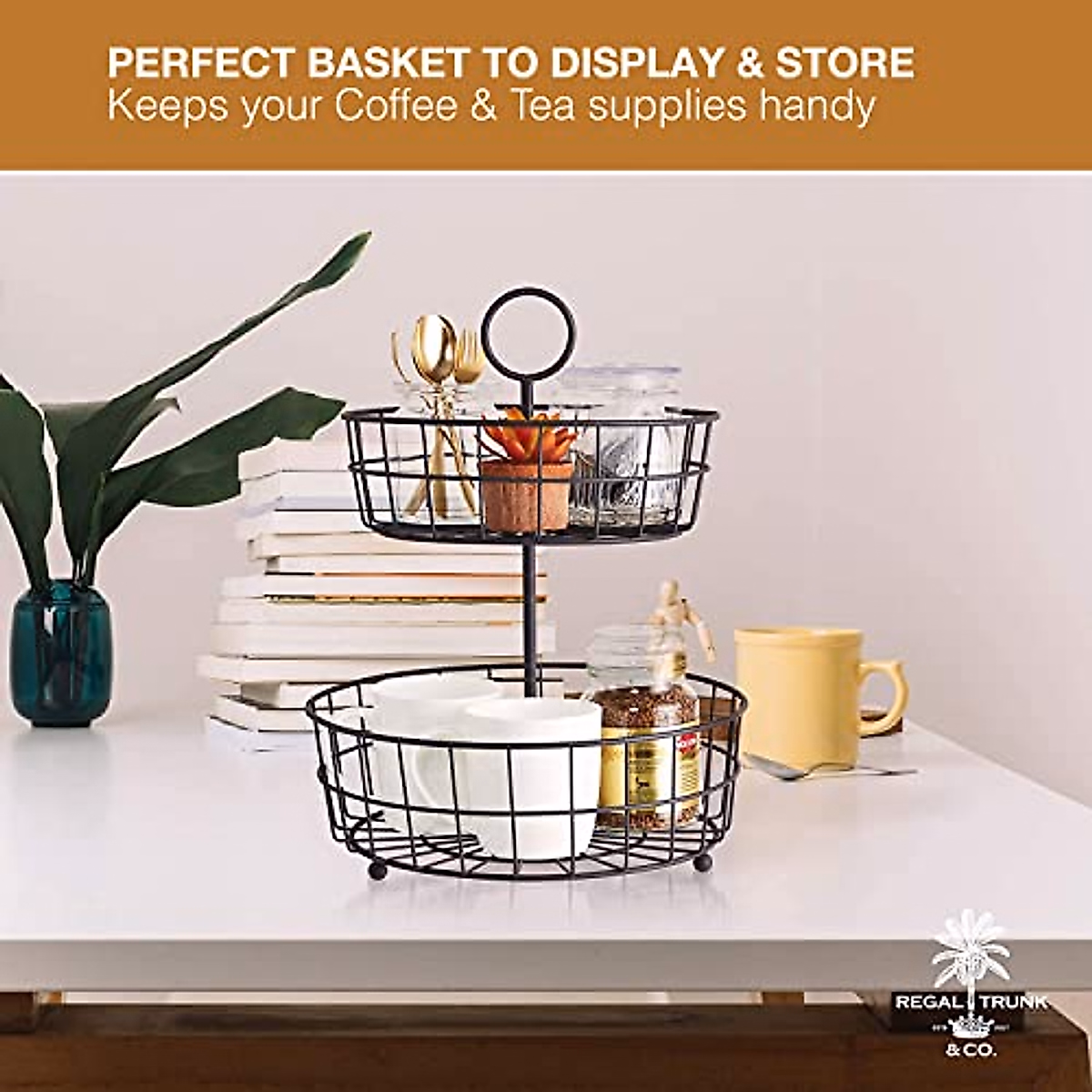 2 Tier Fruit Basket for Kitchen Regal Trunk & Co, Wire Fruit Organizer Bowl for Kitchen, Tiered Fruit Holder for Countertop or Hanging, Matt Brown Fruit stand in Metallic Frame Produce Holder
