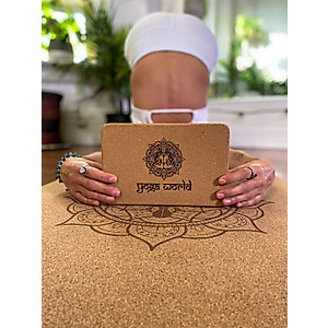 Yoga World Cork Yoga Blocks - Firm, Non-Slip Bricks for Stretching Practice, Pilates, Stability, Fitness - Curved Edges for Secure Grip - Easy-to-Clean Exercise Accessory - 9x6x3, Approximately 700g