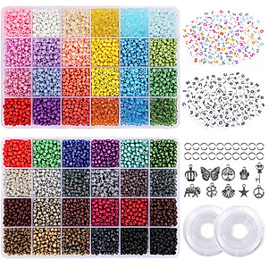 QUEFE 6480pcs Glass Seed Beads 4mm Bracelet Beads for Jewelry Making Kit, Small Waist Craft Beads, 260pcs Alphabet Letter Beads with Elastic String Cords and Charms