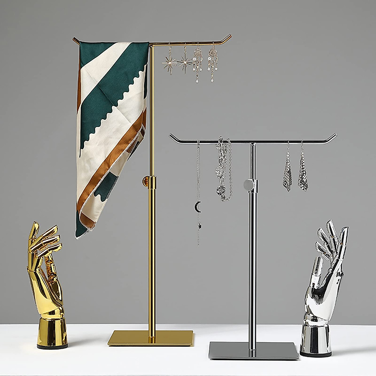 LXLIGHTS Hand Towel Holder, Stainless Steel T-Shaped Clothing Store Earrings Jewelry Stand with Square Base for Bathroom Kitchen Scarves Display Rack, 3 Colors (Color : Gold)