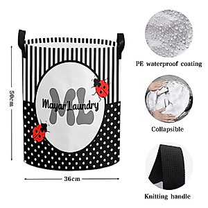 Striped Dots Ladybird Monogram Personalized Laundry Basket Laundry Hamper Clothes Bag Collapsible Tall with Handles,Waterproof,Storage Baskets for Bathroom College Dorm Family Essentials