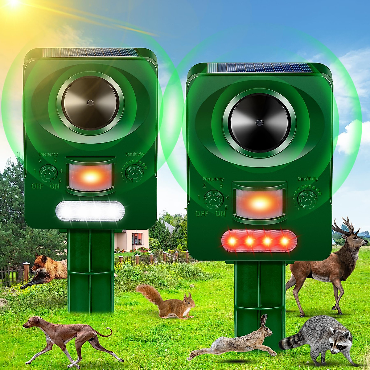 2 Pack Upgraded Ultrasonic Animal Repeller Outdoor,Solar Animal Repeller with Motion Sensor & Deterrent Light to Repel Raccoon Squirrel Skunk Cat Rabbit Dog Deer Repellent Devices for Yard Protection