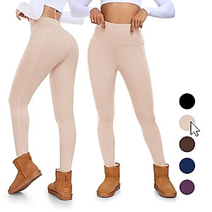 MOREFEEL Fleece Lined Leggings with Pockets for Women High Waisted Thermal Winter Tummy Control Yoga Pants Workout Tights Khaki