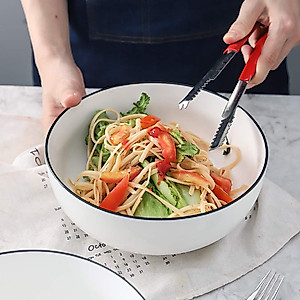 YOLIFE Salad Bowls 55 oz, Set of 3 Pho Bowl, Large Serving Bowls, 8 inch Porcelain Bowls for Fruit, Soup, Pasta Bowl, White with Black Trim