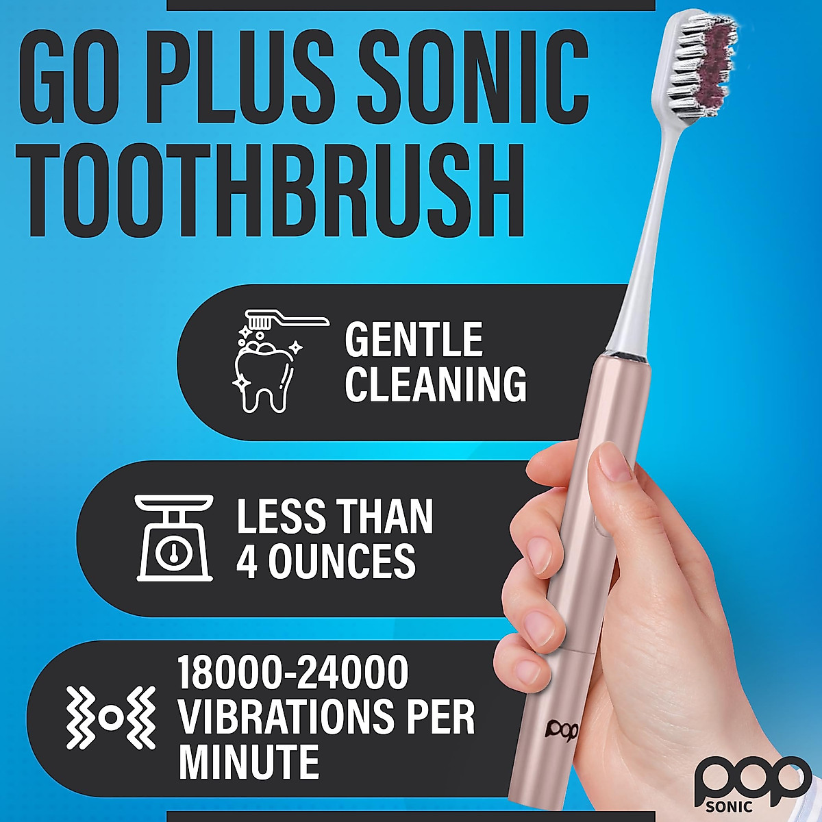 Pop Sonic Go Plus Travel Toothbrush | Travel Electric Toothbrush (Rose Gold) Toothbrush w/ 2 Speeds -18000-24000 Vibrations Per Minute - The Ultimate Traveltoobrush Set | 8+ Colors to Choose from