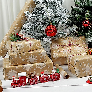 Christmas Wrapping Paper Roll, Brown Kraft Gift Wrapping Paper Jumbo Roll, Snowflake Christmas Wrapping Paper with Paper Rope, Christmas Wrapping Paper Roll for Girls Boys Women Men, 17x590 inch.