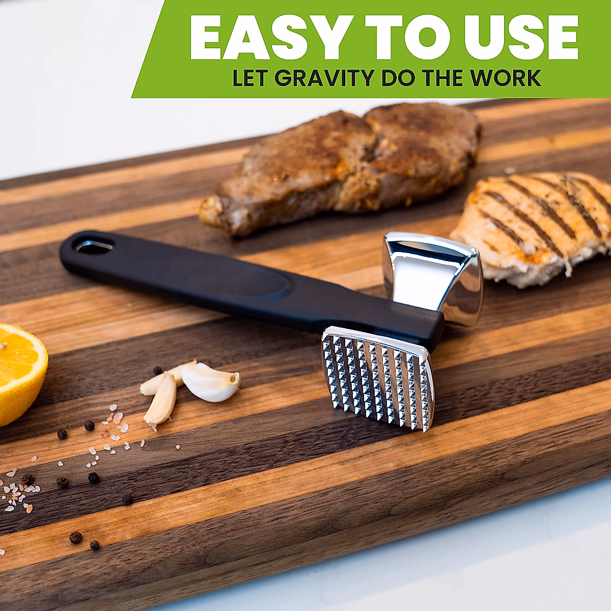 Spring Chef Meat Tenderizer Mallet, Chicken Pounder, Heavy Duty Kitchen Hammer Tool for Food - Beef and Steak Flattener - Solid Construction Beater, Dual Sided Smasher with Soft Grip Handle, Black