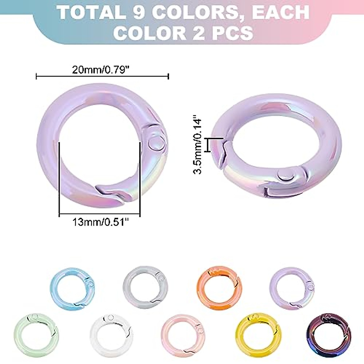 PH PandaHall Spring O Rings, 18pcs 9 Colors 20mm Trigger Round Snap Buckle Dazzling Alloy Spring Keyring Buckle Snap Hooks Connector Rings O Rings Buckles for DIY Keychains Bag Purse Handbag Jewelry