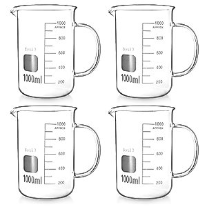 QWORK Beaker with Handle, 1000ml/33.81oz, Measuring Cup, Borosilicate Glass, Beaker Mug with Pouring Spout, 4 Pack