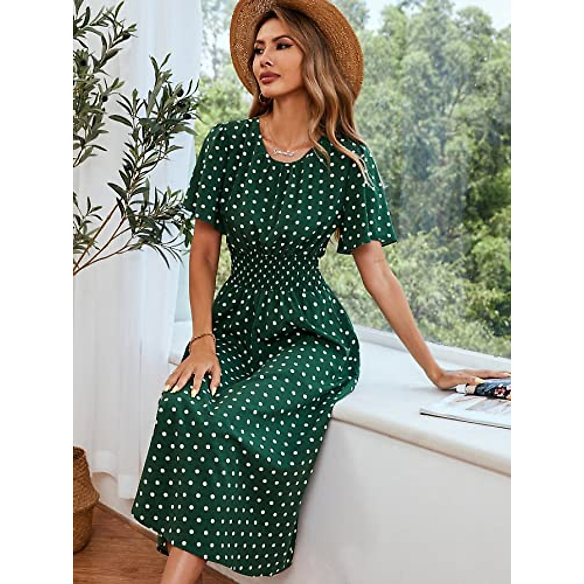 Verdusa Women's Polka Dots Print Short Sleeve Shirred A Line Flared Midi Dress Dark Green M