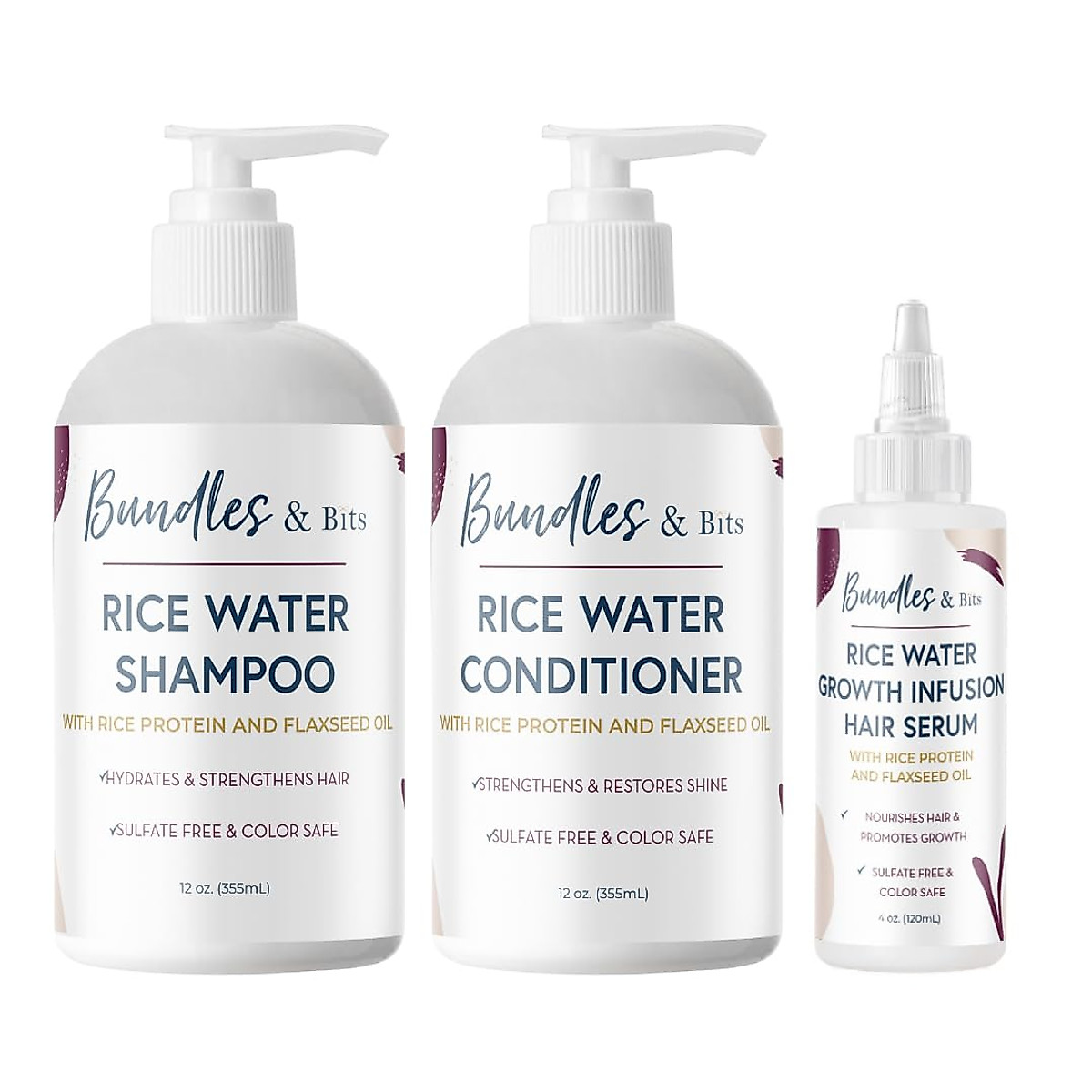 Bundles & Bits Rice Water Shampoo, Conditioner, Serum for Hair Growth I Strengthening Hair I Plant-based, Sulfate Free, 3pc Set