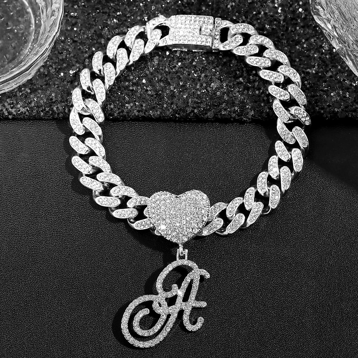 KKJTDS 13mm Silver Cuban Link Anklets for Women Cursive Pendant Miami Cuban Link Chain Ankle Bracelets for Women Hip Hop Iced Out Letter Chain Anklet (A)