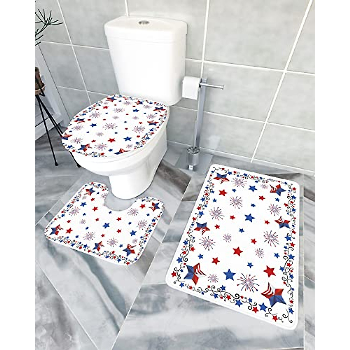 Wotrend 4th of July 3 Piece Bath Rugs Set Fireworks Patriotic Stars Farmhouse Bathroom Mats Absorbent Contour Soft Mat Toilet Lid Cover Bathroom Decor Set, 20"x32"+16"x18"+16"x20"