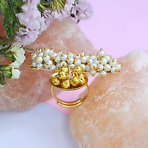 I Jewels Gold Plated Indian Wedding Bollywood Ethnic Adjustable Brass Finger Ring Embellished With ghungroo and pearl (FL224)