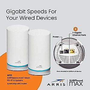 ARRIS SURFboard mAX W121 Tri-Band Mesh Wi-Fi 6 System | AX6600 Wi-Fi Speeds up to 6.6 Gbps | Coverage up to 5,500 sq ft| 4.8 Gbps Backhaul | Two 1 Gbps Ports per Node | Alexa Support |2 Year Warranty