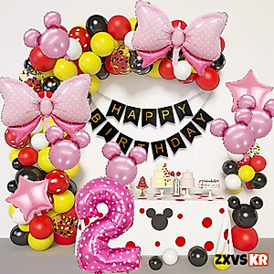 10Pcs Minnie Balloon, Pink Mouse Birthday Number Mylar Foil Balloons Huge Bow Birthday Party Supplies for Mouse Theme Baby Shower 2nd Birthday Party Decorations