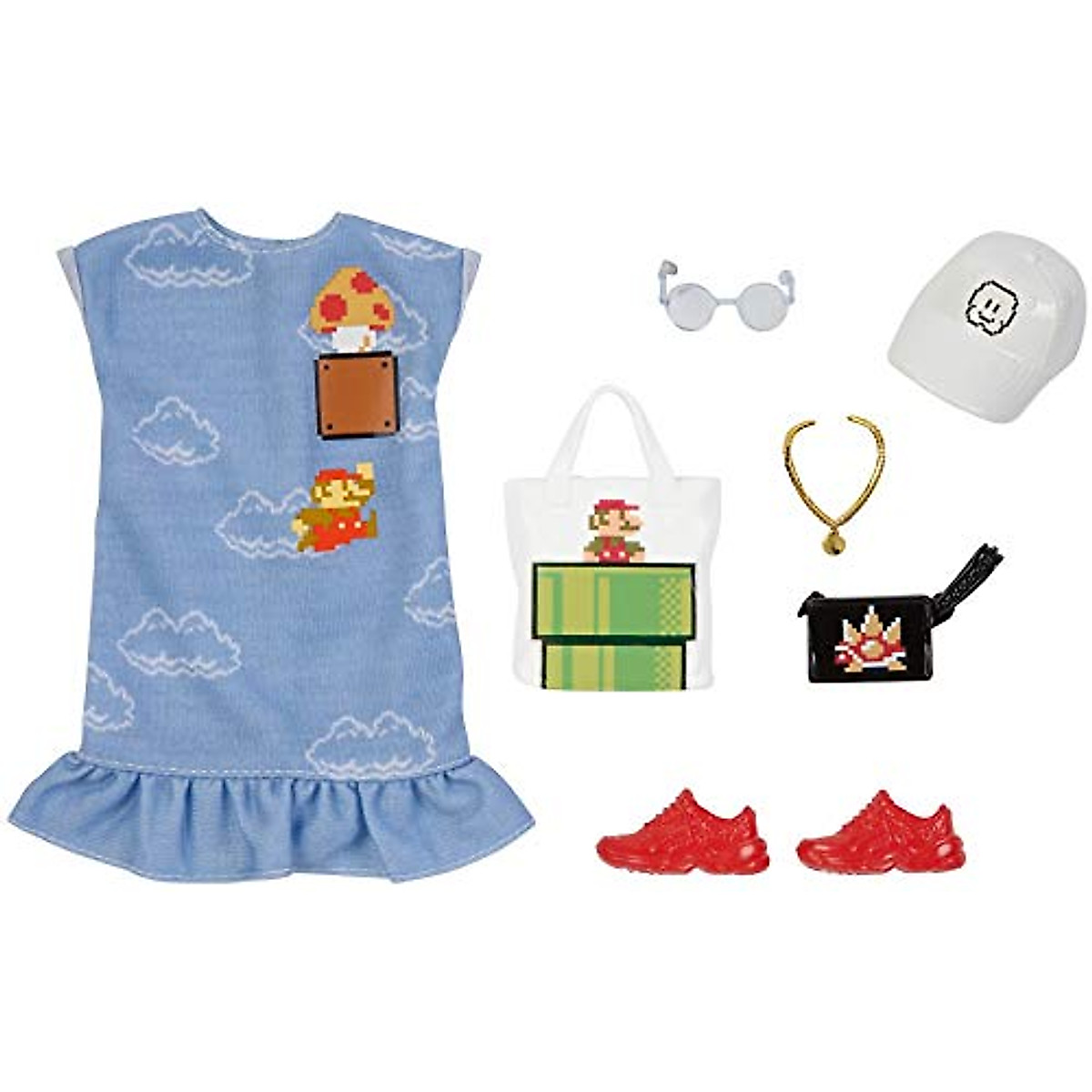 Barbie Storytelling Fashion Pack of Doll Clothes Inspired by Super Mario: Dress with Graphic Print & 6 Accessories Dolls, Gift for 3 to 8 Year Olds
