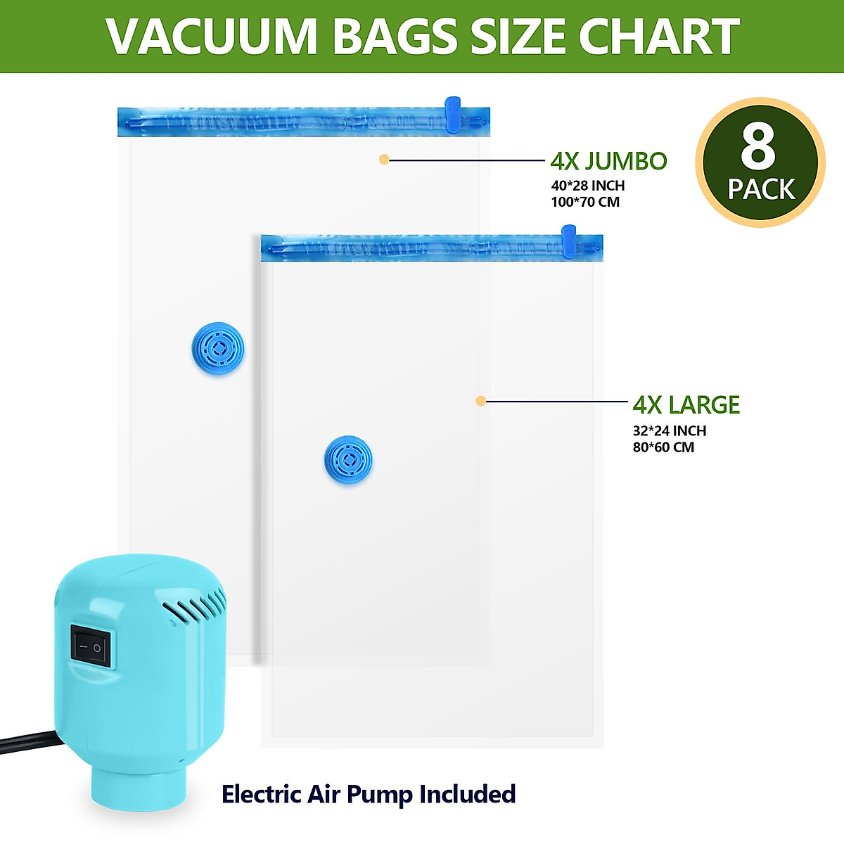 BAMCOO Vacuum Storage Bags with Electric Pump, 8 Pack (4 Jumbo 4 Large Vacuum Seal Bags for Clothing) Storage Bags Vacuum Sealed Bags for Travel, Luggage, Bedding, Blankets