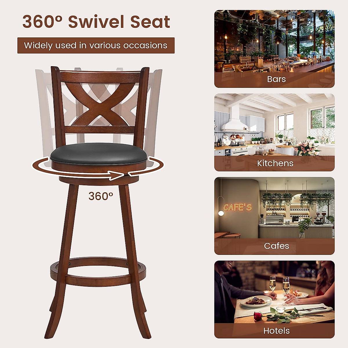 Giantex 30” Bar Stools Set of 2, 360° Swivel Counter Height Stools with Back, Solid Rubber Wood Frame, Leather Padded Seat, Vintage Upholstered Armless Farmhouse Barstools for Kitchen Island Home Bar