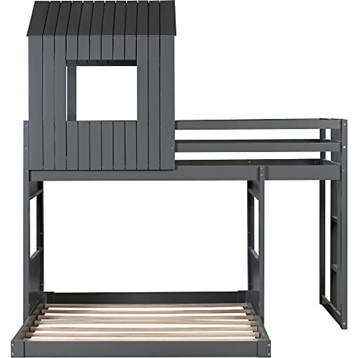 LCH Bunk Bed,Wooden Twin Over Full Bunk Bed for Bedroom,Guest Room and Dorm,Loft Bed with Playhouse,Farmhouse,Ladder and Guardrails for Kids,Teens,Boys and Girls,No Box Spring Needed,Gray