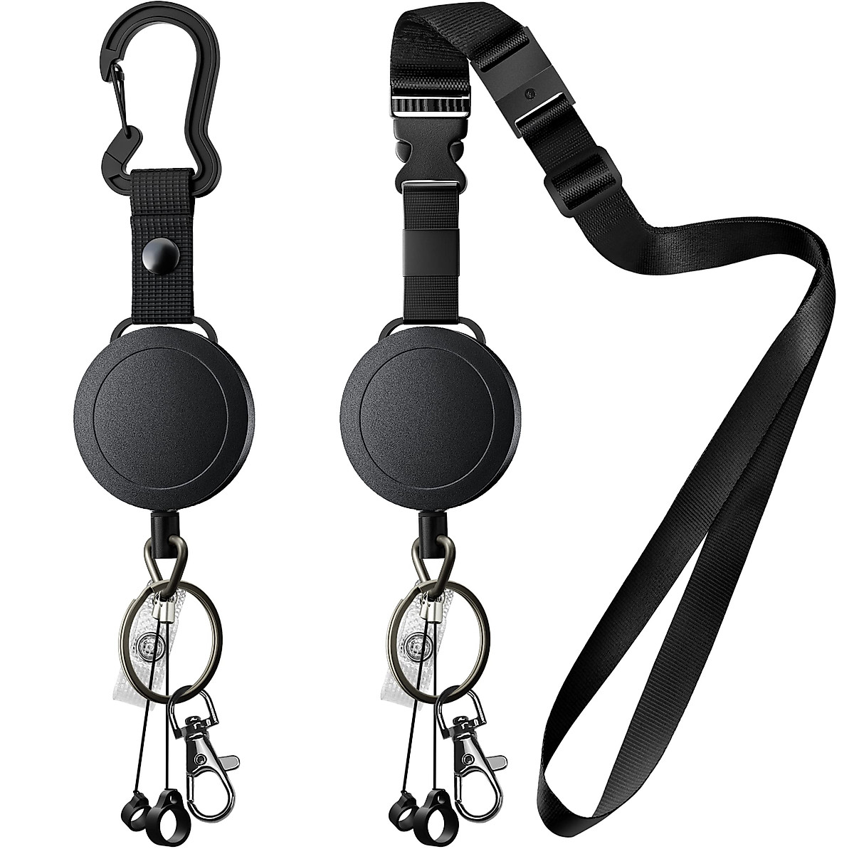 ELV Heavy Duty Retractable ID Badge Holder Key Reel with Adjustable Neck Lanyard, Zinc Alloy Carabiner, Key Ring, ID Badge Strap, 2 Pen Holders and Lobster Clip, 32” Dyneema Cord, Hold Up to 15 Keys