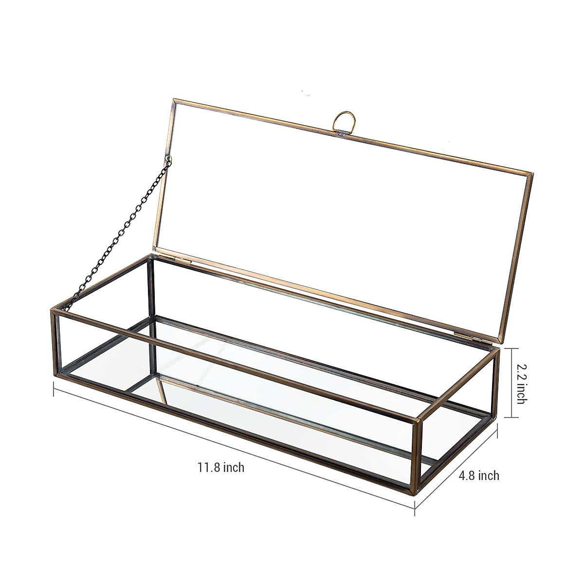 MyGift Glass Jewelry Box, Vintage Style Brass Metal & Clear Glass Mirrored Shadow Box Jewelry Display Case with Hinged Top Lid