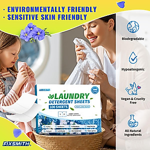 FIXSMITH Laundry Detergent Sheets - 200 Loads (100 Sheets) Fresh Linen Scent - Hypoallergenic,Eco Friendly Laundry Detergent Strips Ultra-Concentrated Travel Detergent Sheets.Plastic-Free,Liquidless