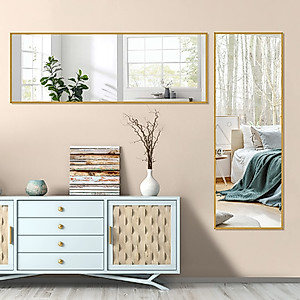 NicBex 64 x 21 Inch Full Length Mirror, Aluminum Alloy Frame Large Wall Mirror, Vanity Mirror, Bedroom Mirror, Dressing Mirror, Living Room Mirror, Gold, with Stand