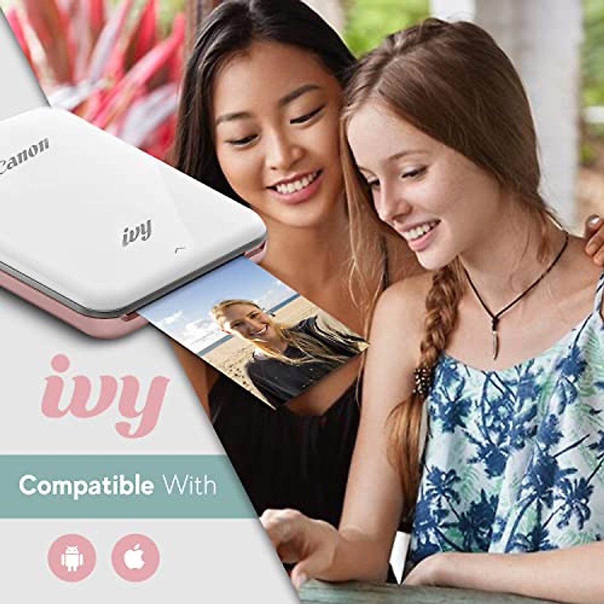 Canon IVY Mini Printer + 60 Sheets of ZINK Photo Paper Sticker (Incl 10 Bonus), Bluetooth Portable Mobile Pocket Compact Printer for Instant Print from Your Smartphone + Hard Carrying Case - Rose Gold