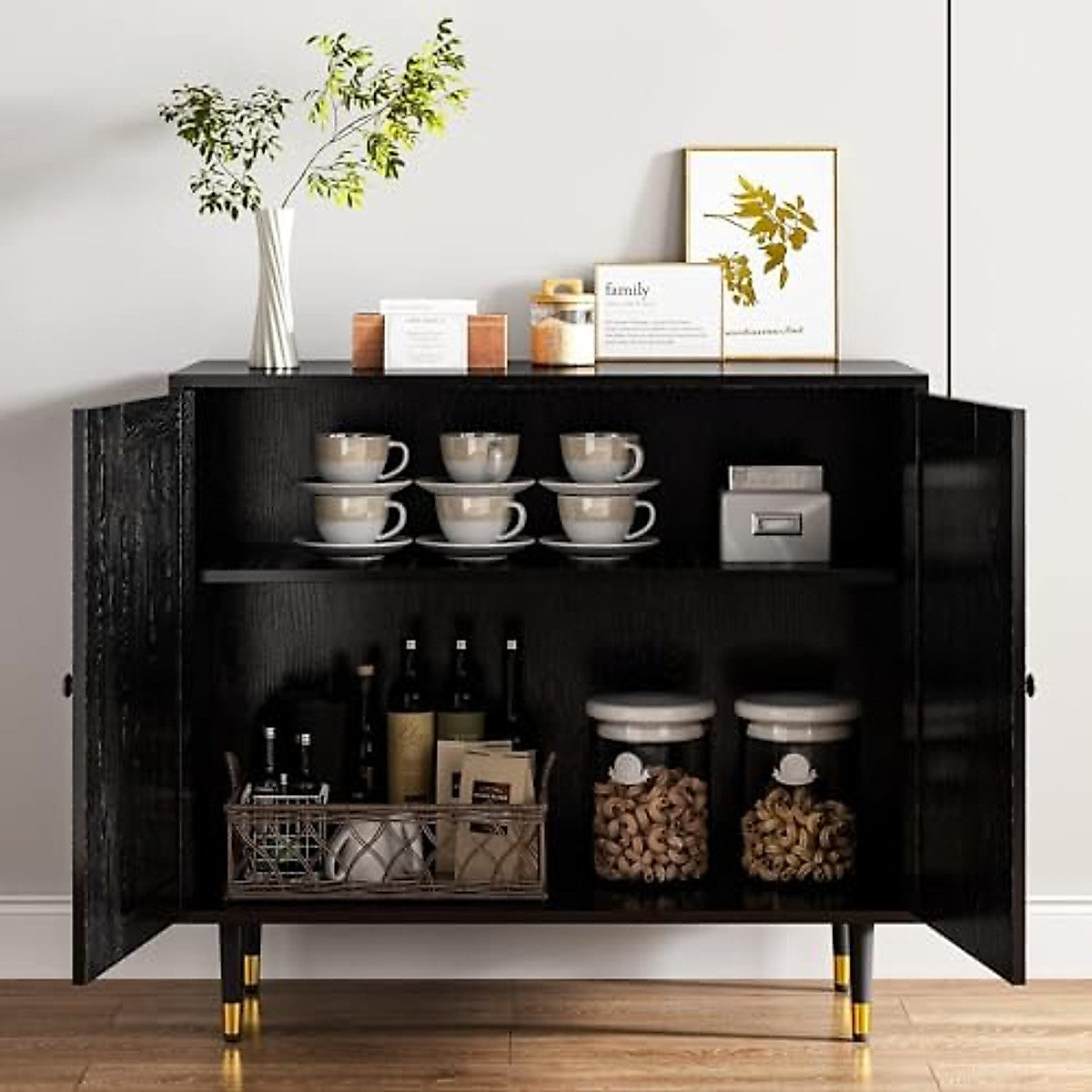 4 EVER WINNER Rattan Sideboard Cabinet with Handmade Natural Rattan Doors, Coffee Bar Storage Cabinet with 4 Solid Wood Table Legs, Bohemian Style Accent Cabinet Console Table for Hallway, Entryway