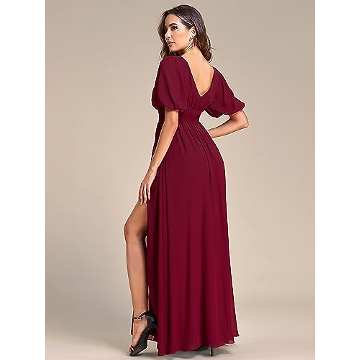 Ever-Pretty Women's Short Sleeves V-Neck Pleated Fall Long Formal Gown Evening Dresses Burgundy US12