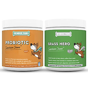WONDER PAWS Probiotic Chews Plus Grass Hero Soft Chews - for Dog Kidney Support, Urinary Tract Health, Lawn Treatment, Digestion & Gut Health - Probiotic 90 Chews - Grass Hero 60 Chews