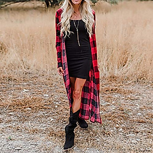 NEARTIME Women's Long Sleeve Waterfall Lightweight Plaid Cardigan Boho Kimono Cover Up Casual Outwear