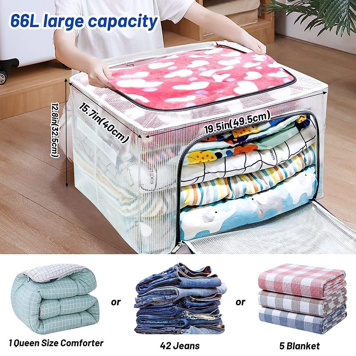 PENGFULL 2 Pack PVC Clear Window Storage Bins,Large Foldable Storage Bins Boxes with Steel Frame, Stackable Container Organizer Set with Carrying Handles,2 Clear Windows,Front Window Take Out, 66L