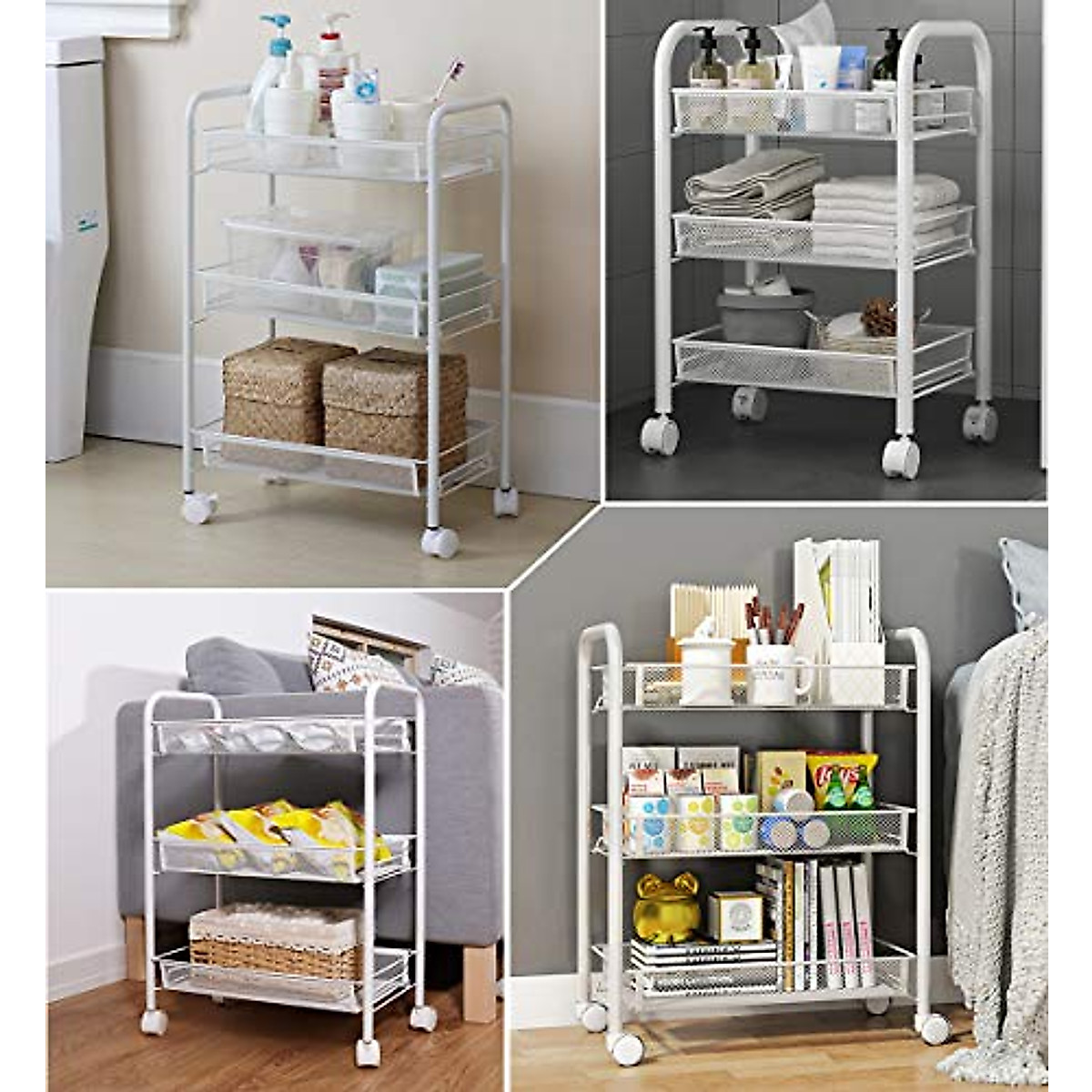 Rolling Storage Cart 3-Tier Metal Mesh Basket Shelves Kitchen Organizer with Wheels(White)