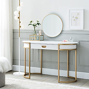 Leick Home 85405 Oval Metal Leg Desk with Drop Front Keyboard Drawer, Cottage White/Gold