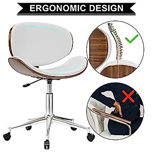 OKAKOPA White Desk Chair Small Office Chair 360° Swivel Height Adjustable Modern Office Chair Ergonomic Curved Wood Desk Chairs Leather Armless Desk Chair with Wheels (White with Wrap Edge)